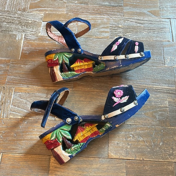 Shoes | Vintage Wwii Philippines Velvet Carved Wood Platform Wedge ...